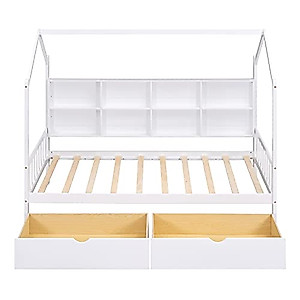 P PURLOVE Twin Size Daybed with Storage Drawers,Kid House Bed Frame with Storage Shelf and Roof for Kids,Girls,Twin Wood Montessori FloorBed with Roof and Fence for Girls, Boys,White