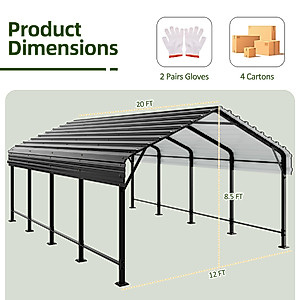 JAMFLY 12X20 FT Carport, Heavy Duty Carport Canopy with Galvanized Steel Roof and Frame, Metal Carport Upgraded Extra Large Garage for Pickup, Boat, Car and Tractors