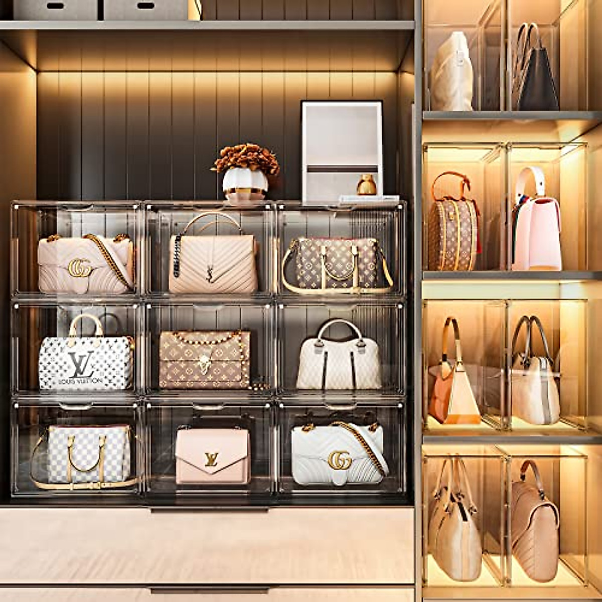 Clear Handbag Storage Organizer for Closet, 3 Packs Acrylic Display Case for Purse/Handbag, Plastic Storage Containers with Magnetic Door, Acrylic Box Organizers for Collectibles, Toys, Figures