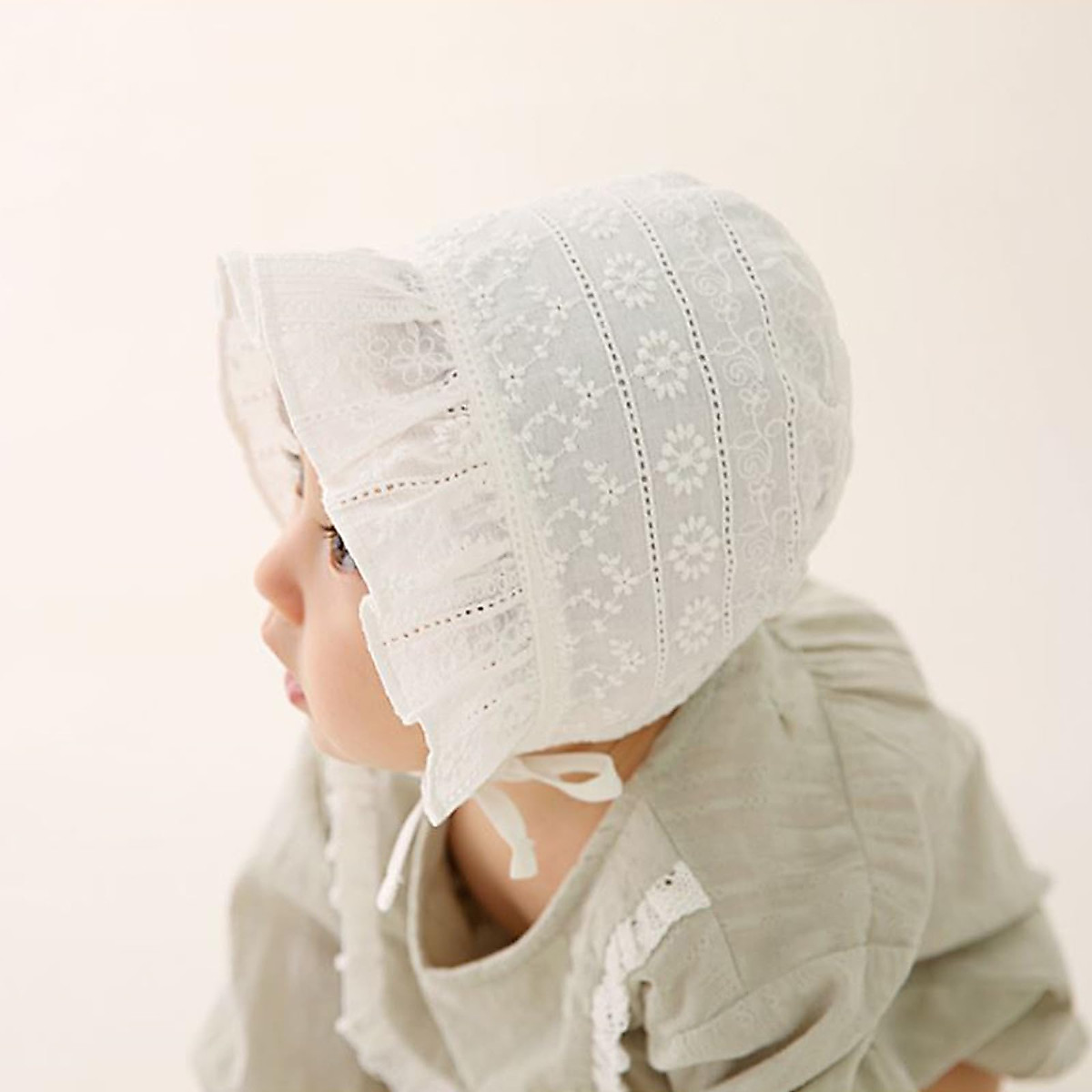 JELLYTREE Baby Hat Bonnet Toddler Girls Fashion Princess Ruffle Muslin Lining Cap Infant Lacy Beanie, White, L