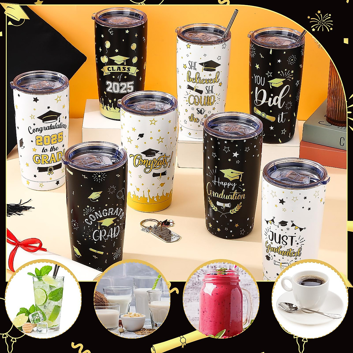 Ovveroche 8 Pack 2025 Graduation Gifts 20oz Graduation Tumblers with Lids Straws Brushes, Stainless Steel Insulated Coffee Mug Graduation Keepsake Grad Gift Graduation Party Supplies