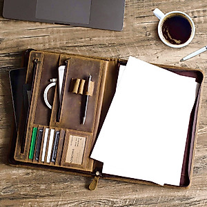 Ringsun Leather Portfolio Organizer with Zipper for Men Women, Leather Padfolio Business Resume Legal Pad Portfolio Notebook Binder for A4/Pad, Leather Folio Leather Folder, Brown