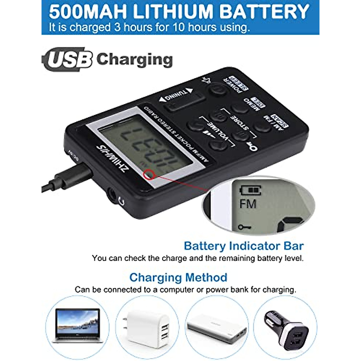 ZHIWHIS Portable Radio, AM FM Receiver with Sleep Timer, Rechargeable Stereo Radios with Digital Clock, DSP Tuner with Preset Function Pocket Walkmen for Walking Travel