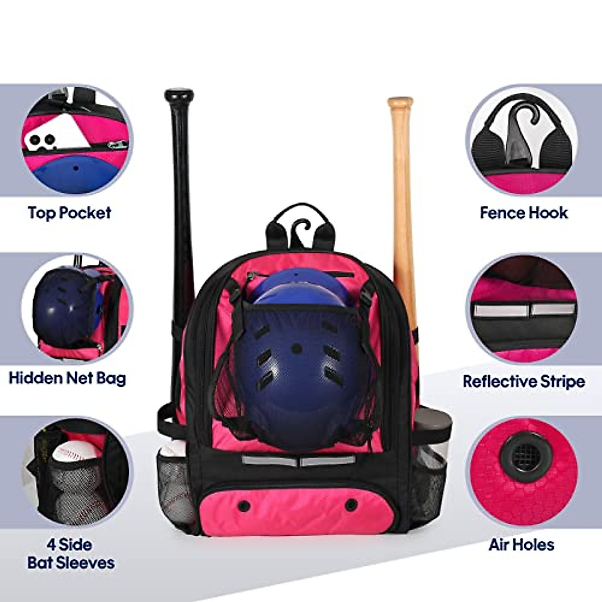 Baseball Softball Bag for Girls and Adults, Baseball Bag with Separate Shoe Compartment, Large Baseball Backpack, Softball Backpack with Fence Hook, Baseball Bat Bag with 4 Side Sleeves Pink