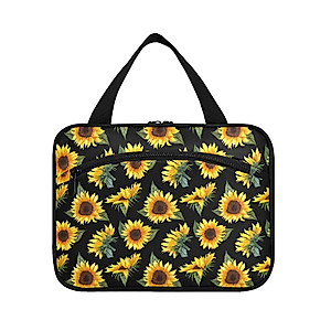 Vnurnrn Sunflowers on Black Large Travel Toiletry Bag for women Makeup Organizer Bag with Hanging Hook Shower Bag for Traveling Electric Shaver Brush