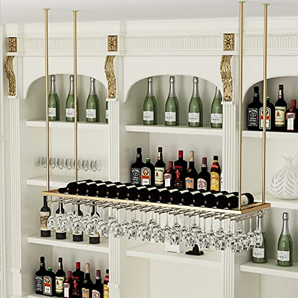 Hanging Wine Rack from Ceiling， Modern Metal Wine Bottle Holder Wall Mounted Champagne Glass Goblets Stemware Rack Storage Shelf Gold Display Racks (Size : 60x27x8cm)