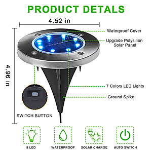 K.E.J. Solar Ground Lights, 8 Pack, Waterproof Outdoor Lights for Garden Yard Patio Pathway Driveway Deck, Multicolor Solar Disk Lights