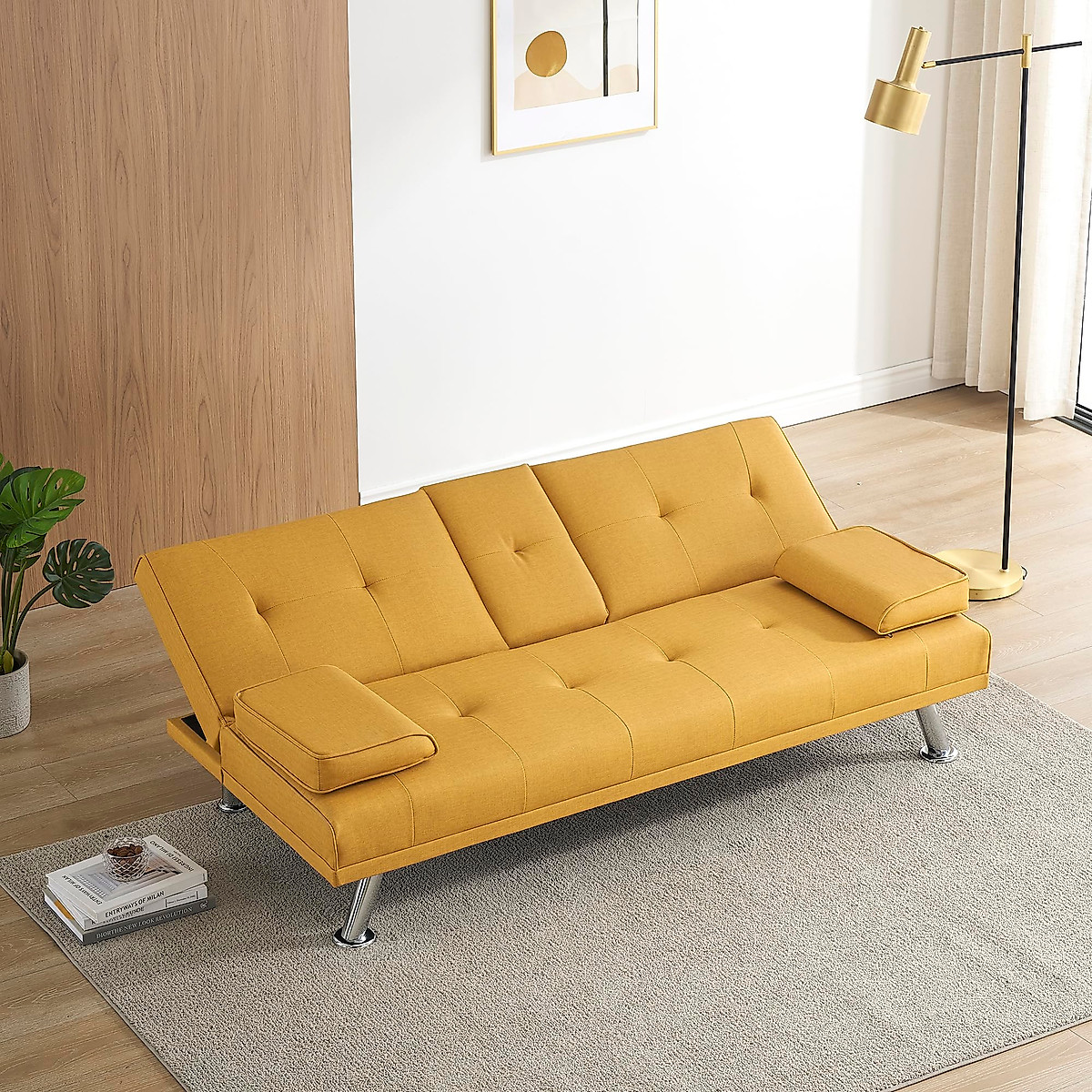 Anwickhomk 67" Multifunctional Double Folding Sofa Bed with 2 Cup holders,Leather Couch Loveseat Sleeper with Removable Armrests,Convertible Folding Couches Bed for Office Small Spaces (Yellow)