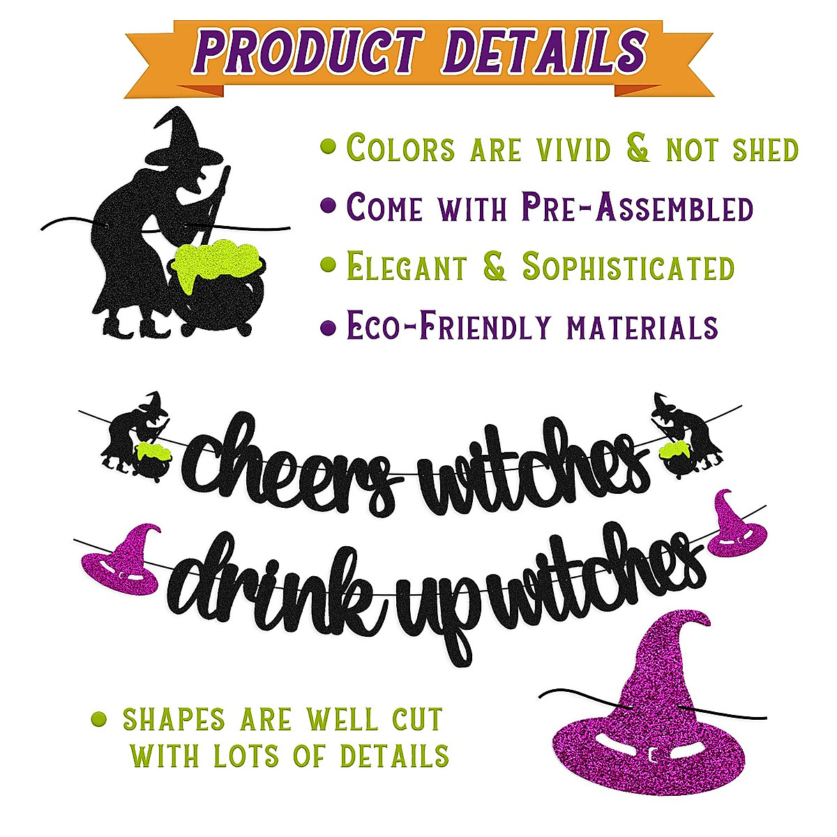 Halloween Witches Banner Ghost Bat Witches Theme Bachelorette Wedding Engagement Bridal Shower Let’s Party Witches Party Supplies Glitter Decorations