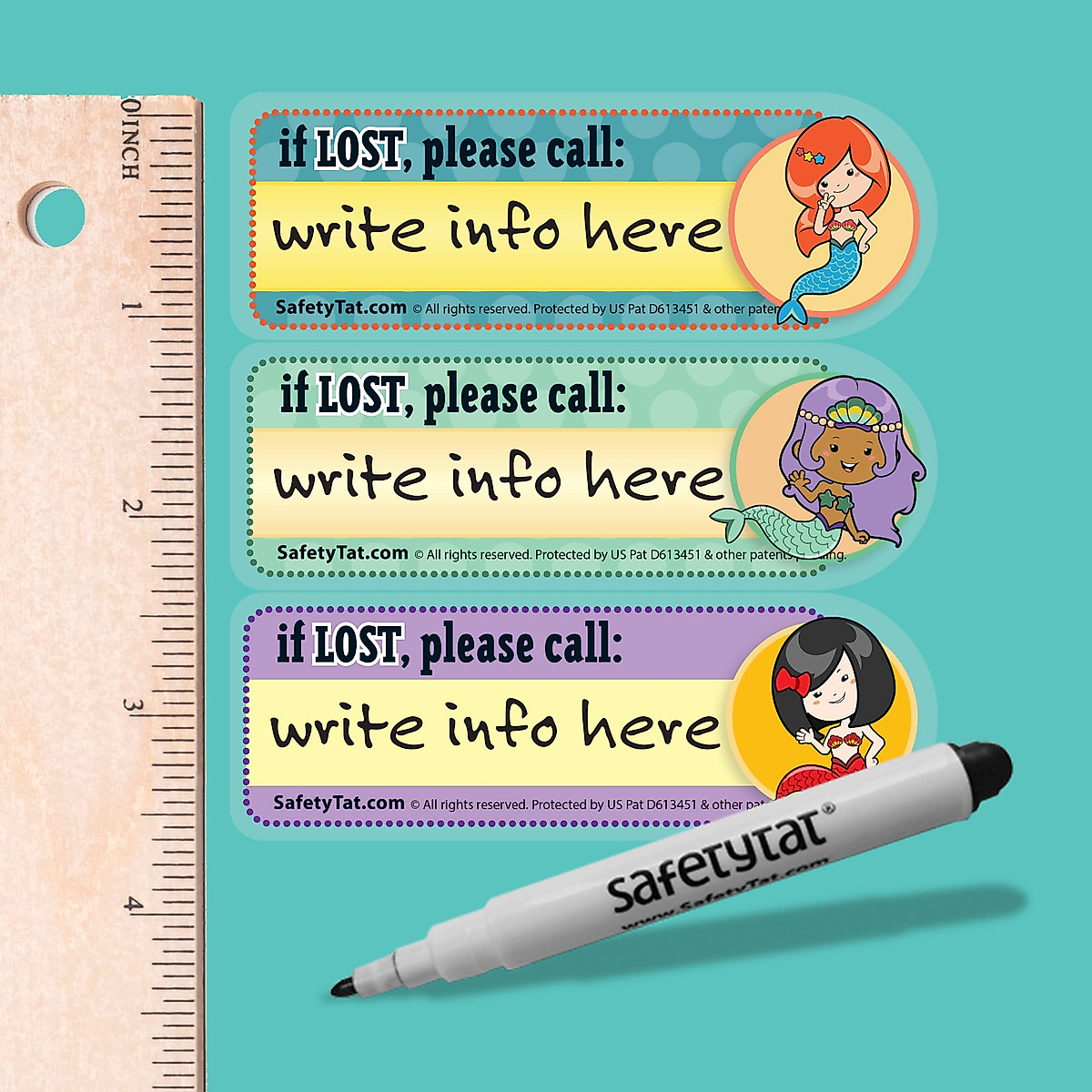 Mermaid 6pk SafetyTat Child ID Tattoos includes skin prep wipes and tattoo marking pen