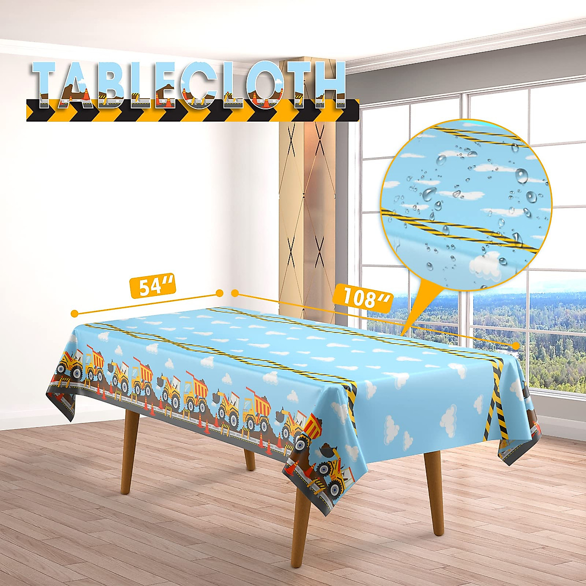 DECORLIFE Construction Birthday Party Supplies Serves 24, Construction Party Plates, 54" x108" Tablecloth, Pre-strung Banner Included, Total 170PCS