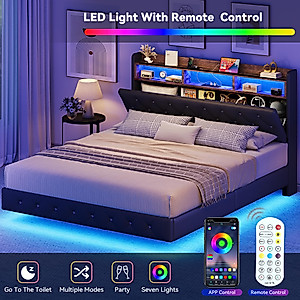 YITAHOME Floating Bed Frame Queen, Upholstered Platform Bed with RGB LED Lights, Faux Leather Crystal Button Tufted Storage Headboard and USB-C/A Charging Station, No Box Spring Needed, Black