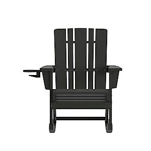 Flash Furniture Halifax Adirondack Rocking Chair with Cup Holder, Weather Resistant Poly Resin Adirondack Rocking Chair, Black