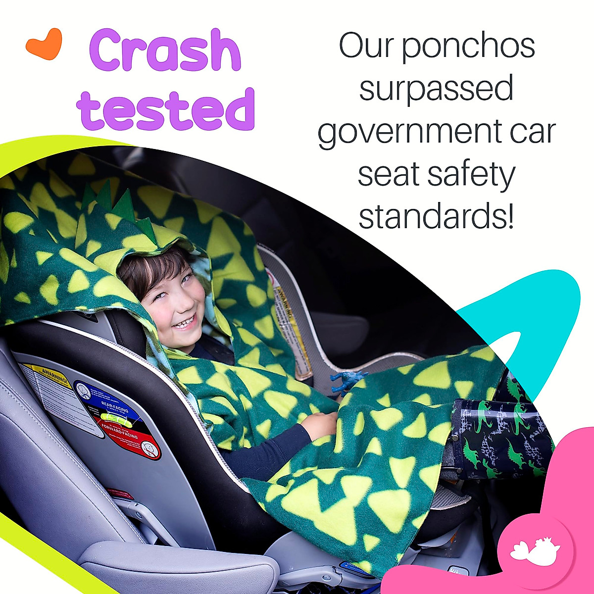 Birdy Boutique Car Seat Poncho for Kids – Safe to Use Over Seat Belts – Reversible Warm and Cozy Blanket – Easy on Easy Off and Doesn’t Impact Car Seat Performance – Green Dinosaur – One Size