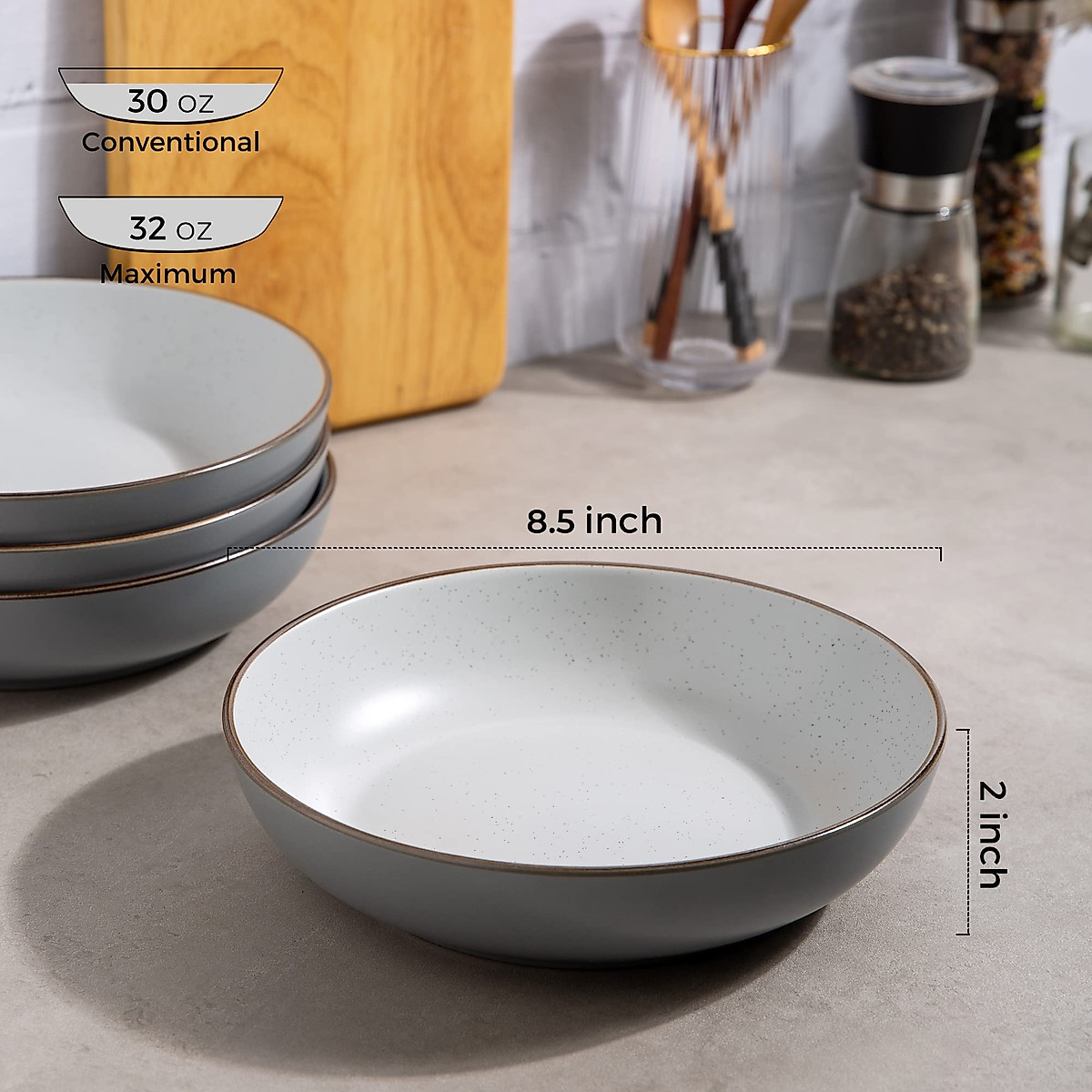 AmorArc 8.5'' Stoneware Pasta Bowls, 32oz Large Speckled Bowls Set of 4 for Kitchen, Wide & Flat Bowls for Pasta,Salad,Oatmeal, Microwave&Dishwasher Safe, Matte Gray
