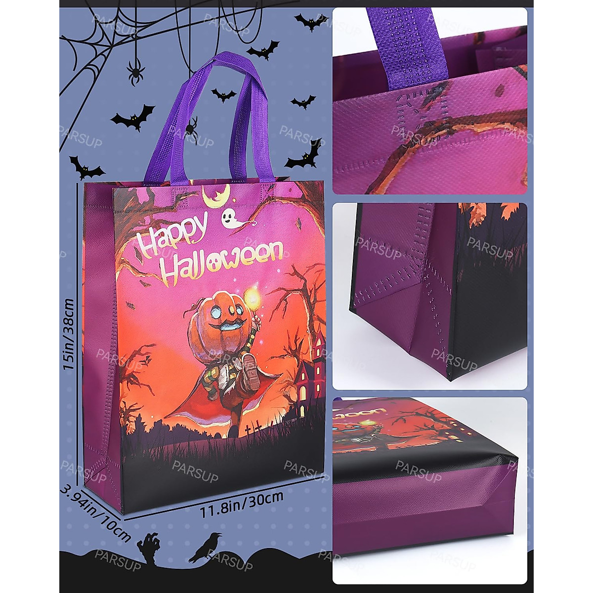 PARSUP 8PCS Halloween Trick or Treat Bags,Halloween Tote Bags with Handles, Gift Bags, Non-Woven Halloween Bags for Gifts Wrapping, Trick or Treat, Halloween Party Supplies, 15"×11.8"×3.9"