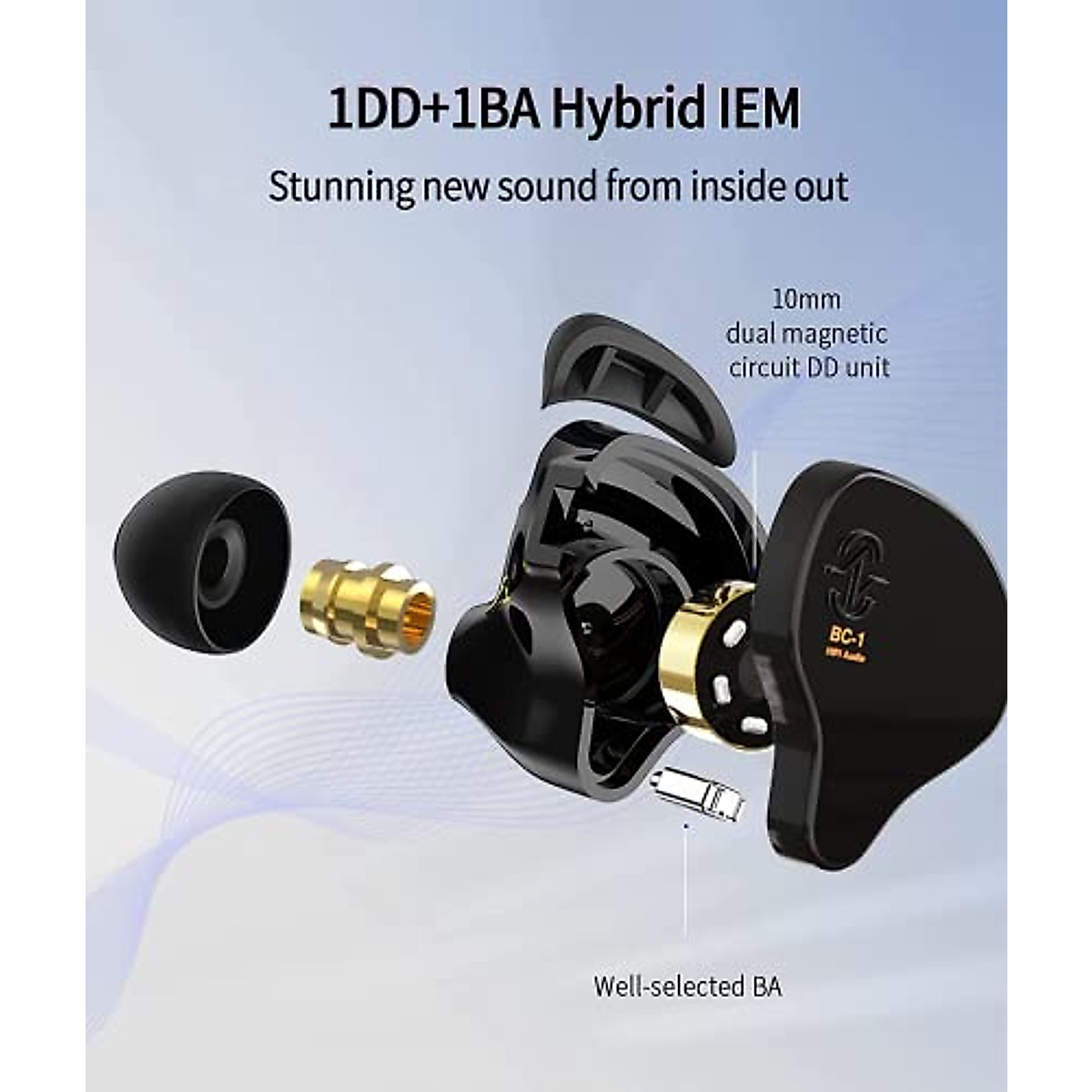 Kinboofi CCZ Melody in Ear Monitors, Dynamic Hybrid Dual Driver in Ear Headphones 1BA+1DD HiFi Wired Headphones Musicians IEM Upgrade Deep Bass Suitable for Audiophile Musician(No MIC, Black)