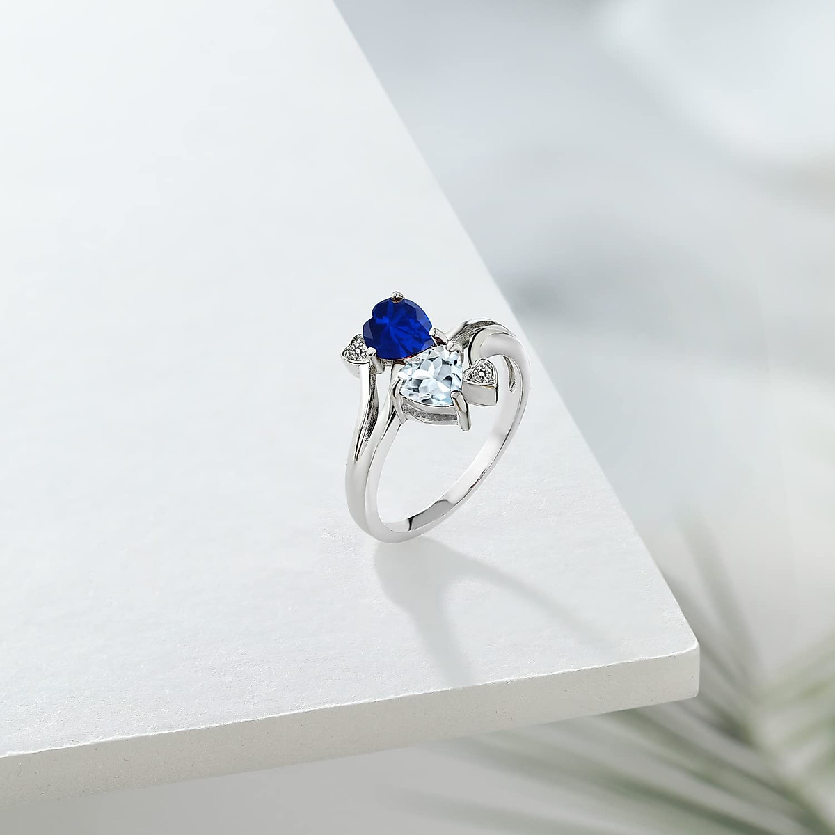925 Sterling Silver Blue Created Sapphire Sky Blue Aquamarine and White Diamond Ring For Women (1.50 Cttw, Heart Shape 6MM, Gemstone September Birthstone, Available In Size 5, 6, 7, 8, 9)