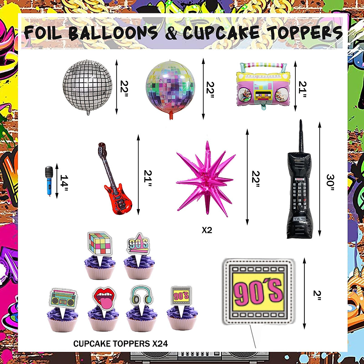 143 PCs 90s Party Decorations, Homond 90s Themed Birthday Party Decorations Backdrop Balloon Garland Arch Cutout Tablecloth Cupcake Toppers Gold Chain 4D Laser Disco Ball Explosion Star Retro