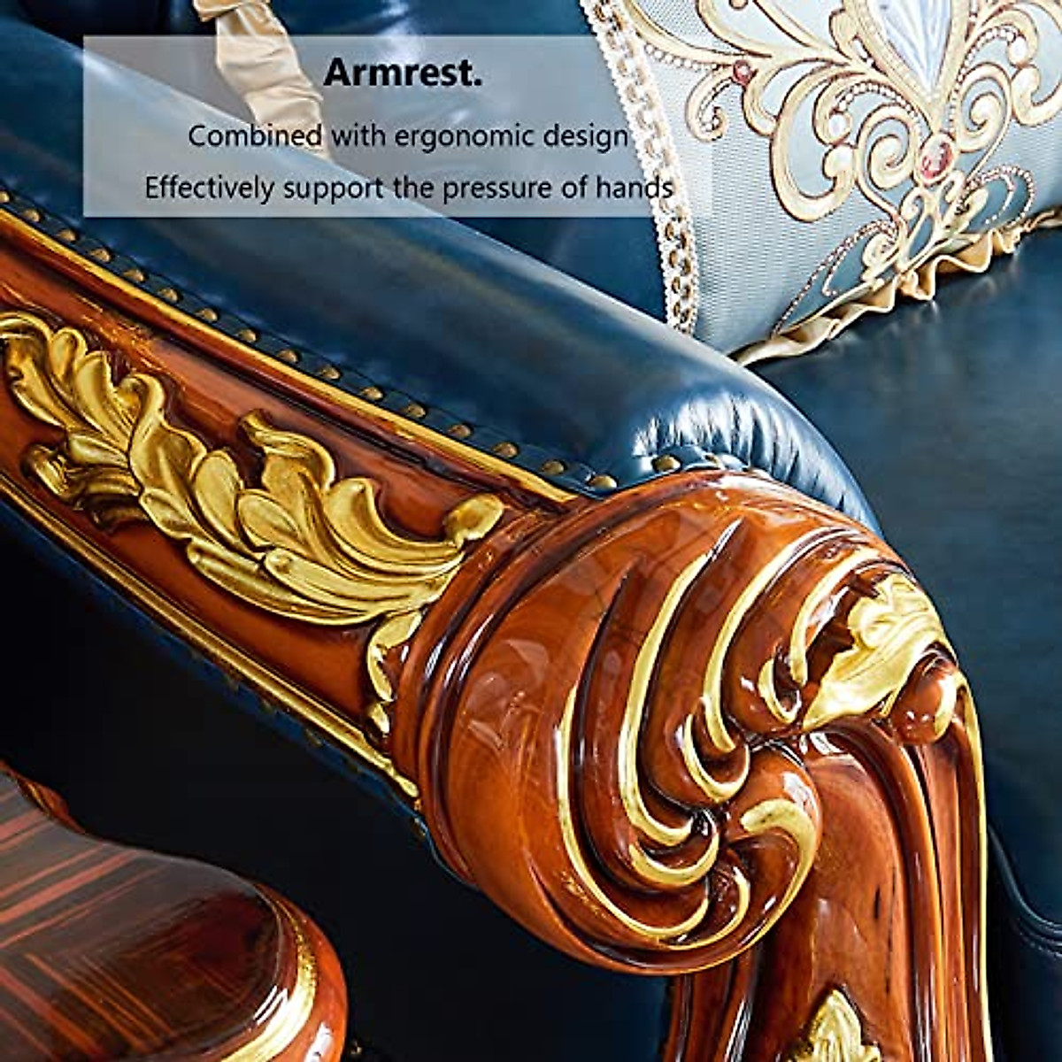 DEKIST European-Style Leather Sofa, Solid Wood Carved Luxury American-Style Villa Sofa, Living Room Furniture Combination Single Sofa is Suitable for Villas, Clubs, Apartme