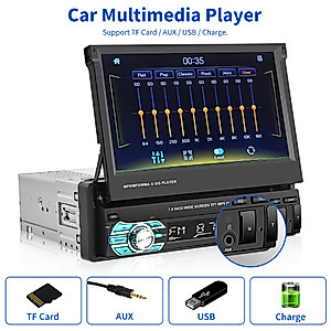 (Stable) Hikity Carplay Single Din Car Stereo, 7 Inch Flip Out Touch Screen Car Radio with Android Auto, Bluetooth, Mirror Link, Backup Camera, FM, USB, SWC, Voice Control Split Screen