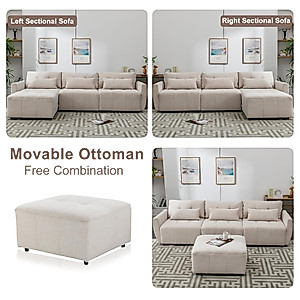 Aiuyesuo 113.3" Versatility Sectional Sofa Couch, Convertible 3-Seat L-Shaped Sofa with Movable Ottoman and USB Port,Couch with Lumbar Pillow for Apartment,Living Room(Beige-zc34)