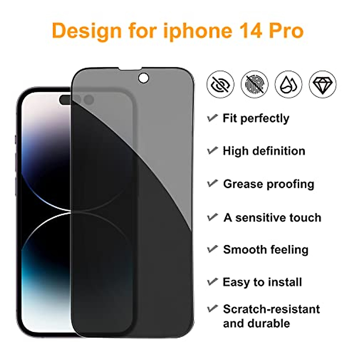 Pehael [2+2 Pack] iPhone 14 Pro Privacy Screen Protector with Camera Lens Protector Full Coverage Anti-Spy Tempered Glass Film 9H Hardness Upgrade Edge Protection Easy Installation Bubble Free Specially Designed for 2022 [6.1 inch]