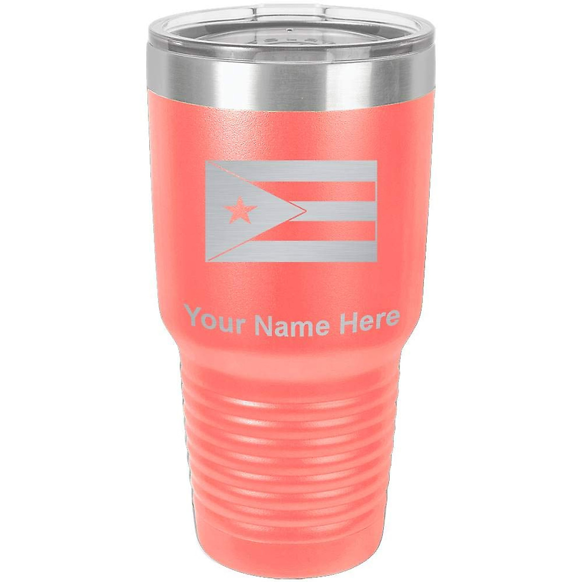LaserGram 30oz Vacuum Insulated Tumbler Mug, Flag of Puerto Rico, Personalized Engraving Included (Coral)