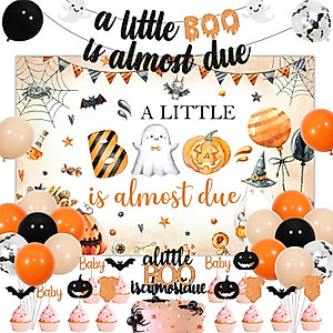JOYMEMO Orange and Black Halloween Baby Shower Decorations, A Little Boo is Almost Due Backdrop, Banner, Cake Topper with Cupcake Toppers for Women Boy Girl He or She Gender Reveal Party Supplies