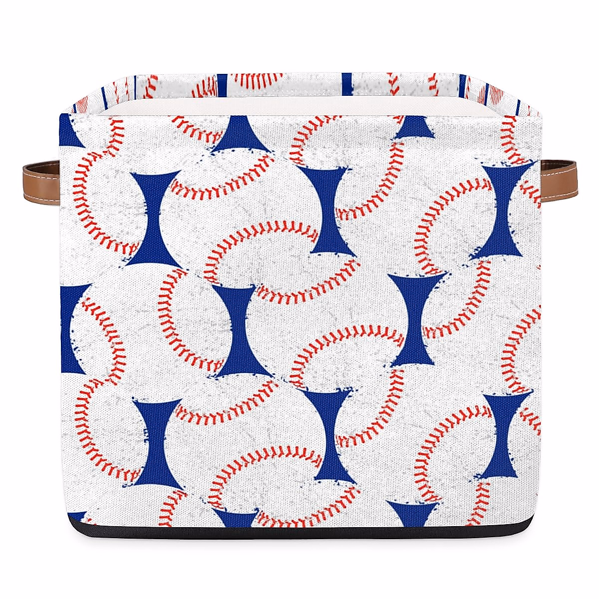 KOBLEN Sports Baseball Ball Square Storage Basket Collapsible Storage Box Clothes Basket 13x13 Inch Large Cube Storage Bin With PU Leather Handle for Home Office Closet Shelves