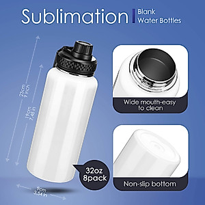 Raiten 8 Pcs 32oz Sublimation Blank Sports Water Bottle Bulk Stainless Steel Tumbler Vacuum Flask Double Layer Insulated with Wide Mouth Lid DIY Bottles for Gym, Hiking, Camping, Hot or Cold Drinks