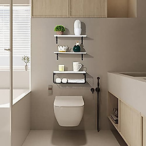 Floating Shelf ,Floating Shelves Wall Mounted Set of 3 ,Solid Wood Floating Shelves with Brackets and Basket Set,Rustic Wood Wall Shelves for Kitchen Living Room,Bedroom Shelves,Bathroom Shelf (White)