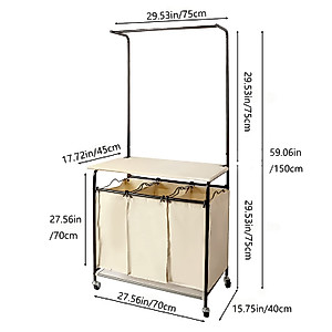tonchean Laundry Hamper, 3 Section with Ironing Board, Removable Hanging Bar & Bags, Rolling Laundry Cart, 59"H x 29"L x 17"W, Yellow