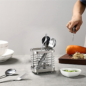 ANHORTS Kitchen Utensil Holder Stainless Steel, Cutlery Rack for the Counter, Countertop Organizer for Flatware Silverware Dinner Forks, Knives and Spoons, Silver