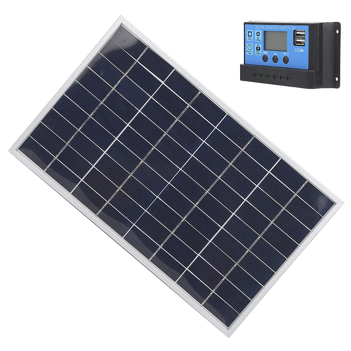 Solar Panel, 15W 18V Polycrystalline Solar Panel 12V/24V PWM Solar Controller 2pcs LED Bulb for Car RVs Ship Battery Charger(10A)