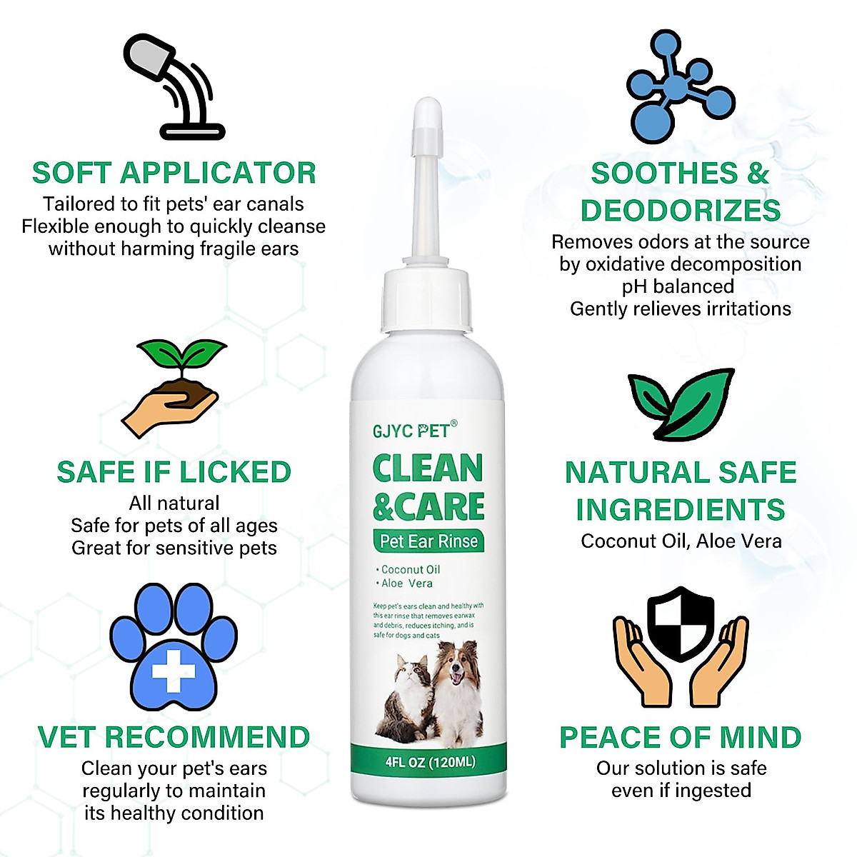 GJYC PET Ear Cleaner for Dogs and Cats,Dog Ear Infection Treatment for Itch Relief, Cleans The Ear Canal from Debris and Buildup Removes Wax, Odor with Aloe 4 Fl oz