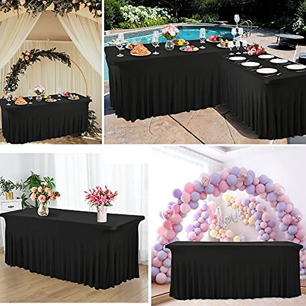3 Pack Stretch Tablecloth Spandex Table Skirts for Rectangle Tables Washable Wrinkle Resistant Table Covers 6ft and Fitted Table Skirts for Tradeshows,Banquets or Restaurants,Parties,Events (Black)