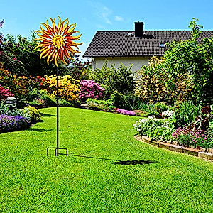 Fawgold Wind Spinner Outdoor Metal Sun Wind Sculpture Spinners for Yard Patio Lawn Garden Decoration 75 inches Double Windmill 360 Degrees Swivel Spinner with Metal Stake