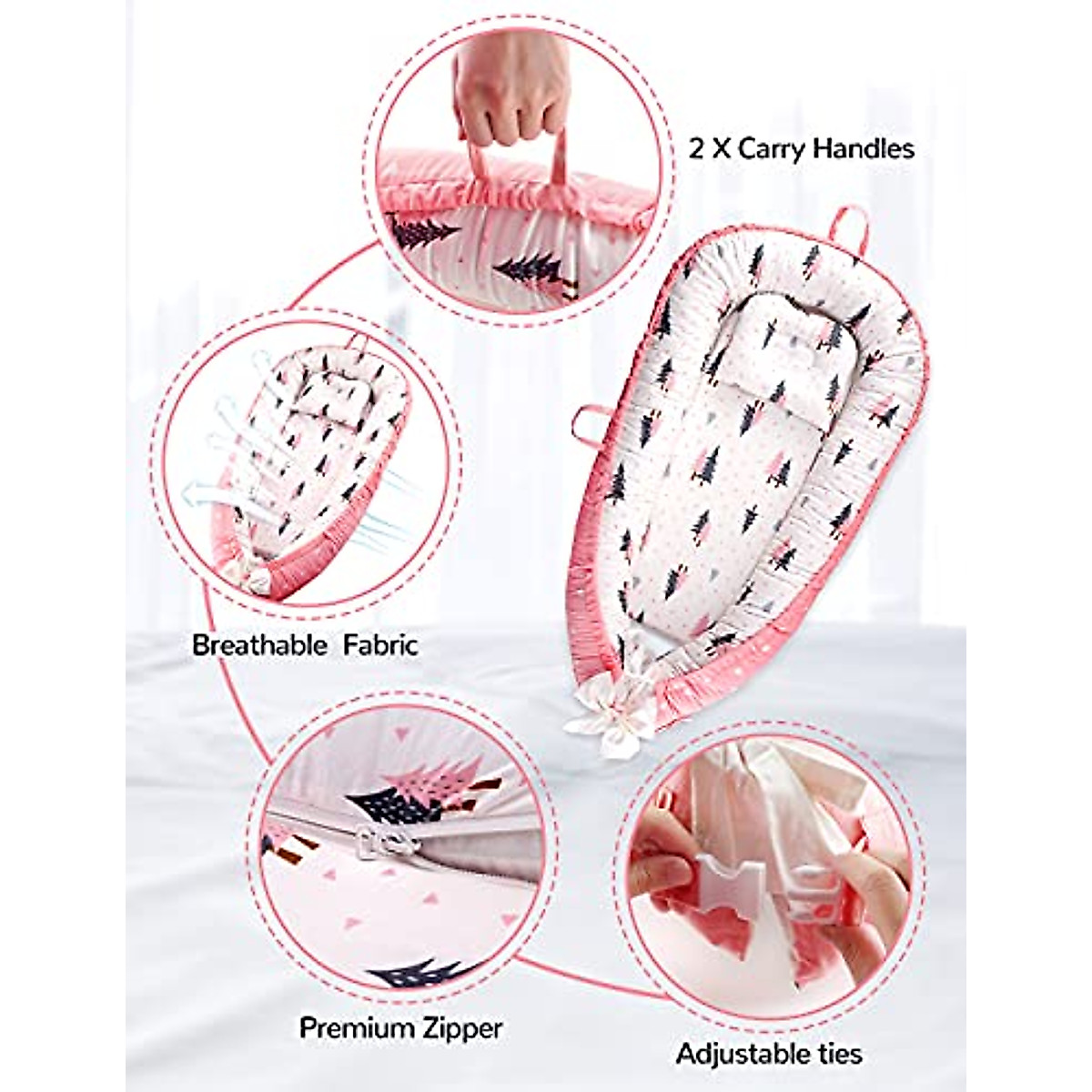 GIEFRNE Baby Lounger Baby Nest Co-Sleeping for Baby 0-12M, Soft Breathable Cotton Adjustable Newborn Bassinet Mattress Portable Infant Floor Seat Baby Registry Search (Pink)