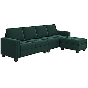 Belffin Velvet Reversible Sectional Sofa with Chasie Convertible Couch Storage Ottoman L Shaped 4-seat Green