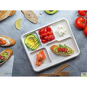 100% Compostable, 5 Compartment, Disposable Paper Plates [125-Pack] - {PFAS Free} - {BPA Certified} - [10 Inch] Heavy Duty Biodegradable Bagasse Sectional Lunch Trays + Dividers - Divided Platter Tray