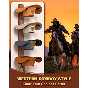 Midukit Cowboy Hat Rack For Wall, Cowboy Hat Holder For 4 Hats With Hooks,Rustic Metal Cowboy Hat Hanger For Wall With Pine Board,Western Hat Rack For Cowboy Hat,1 Pack