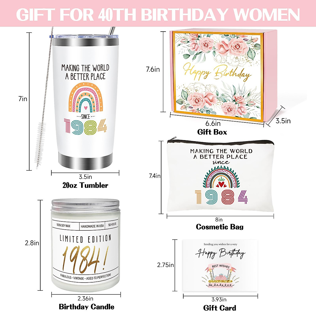 40th Birthday Gifts Women, 40th Birhtday Gifts for Her, Women 40 Gifts, 40th Gift Baskets, Unique Funny 40th Birthday Ideas, 40 Years Old Gifts for Sister Friend Mom Wife Coworker Born in 1984