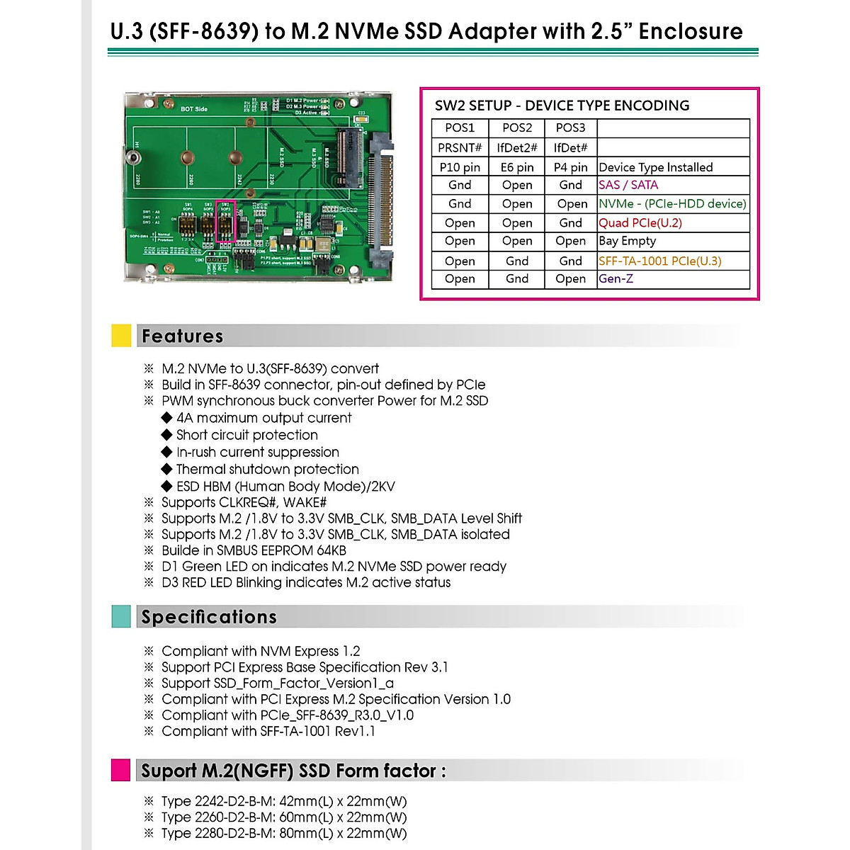 U.3 (SFF-8639) PCIe Gen3 to M.2 NVMe SSD Adapter