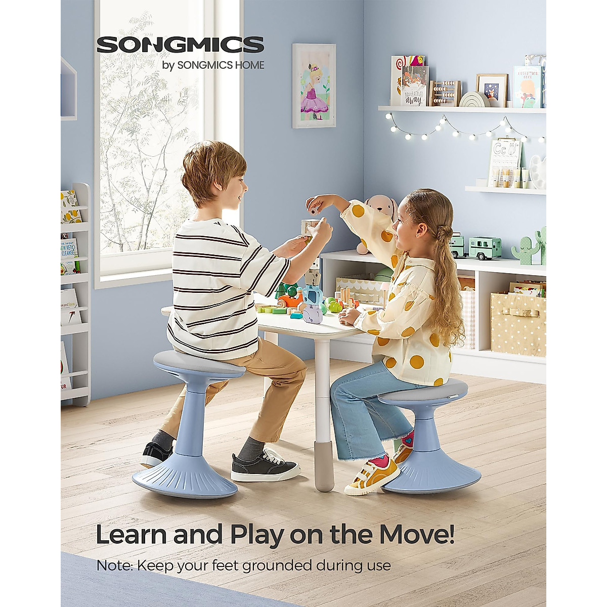 SONGMICS Kids Wobble Chair, Wiggle Stool for Kids Ages 8-12, Comfortable 60D Foam Seat, Breathable Fabric, Anti-Slip Base, 18.1-Inch High, Tool-Free Assembly, Pale Blue and Dove Gray UOSC010Q01