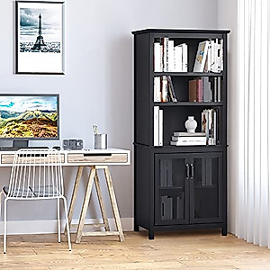 HOMCOM 71" Bookcase Storage Hutch Cabinet with Adjustable Shelves and Glass Doors for Home Office, Kitchen, Living Room, Black