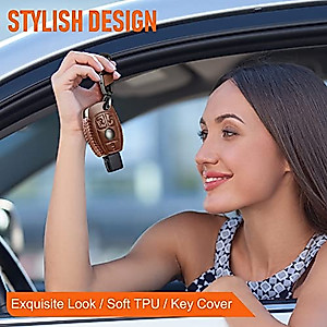 Slohif for Benz Key Fob Cover Keychain Accessories for Mercedes A C E S Class GLK CLA GLA GLC GLE CLS SLK AMG E260l C200l 3 Buttons, Leather Case+D-Ring+Hook(Brown)