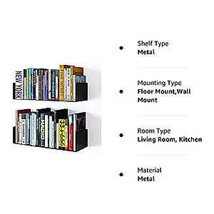 Wallniture Bali Floating Wall Mount Metal U Shape Shelf Book CD DVD Storage Display Bookcase Black Set of 2