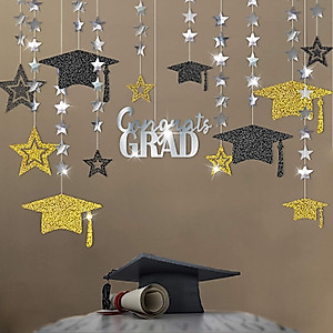 Cheerland Gold Silver Black Graduation Party Decoration Kit Black Cap Decor Shiny Congrats Grad Banner Star Hat Garland Streamer Banner Backdrop Photo Booth Background for Ceiling Home Classroom