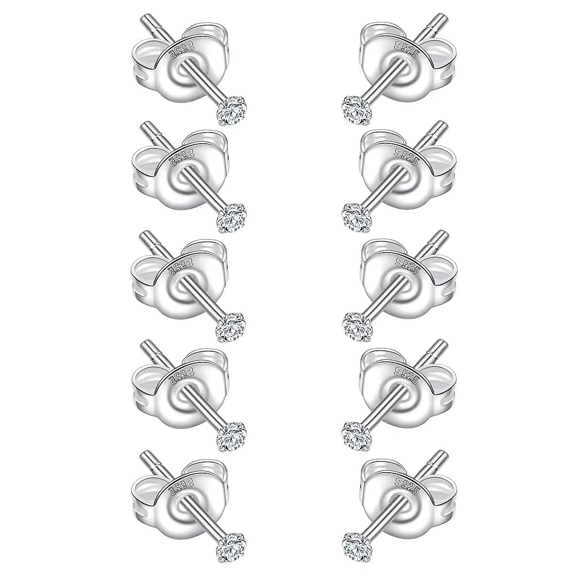 925 Sterling Silver Tiny 2mm Stud Earrings for Women: 5 Pairs Cartilage Helix Hypoallergenic Stud Earrings Clear Round CZ Stud Earrings Set for Women Multiple Piercing